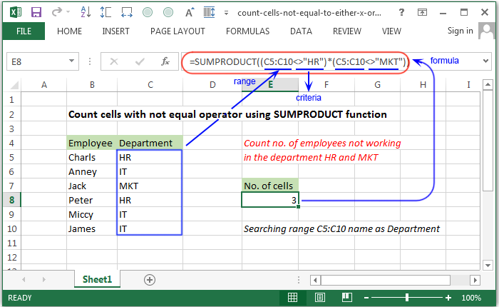 Excel Count Count Cells Which Are Not Equal Either One Or Another Cirteria W3resource